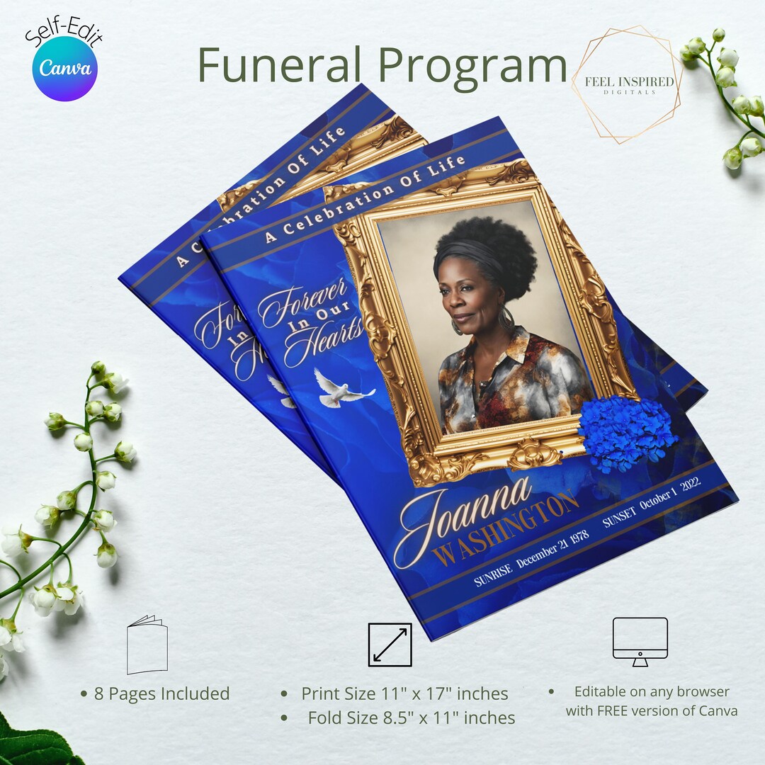 Blue & Gold Funeral Program Template: Celebration of Life, 8 Pages ...