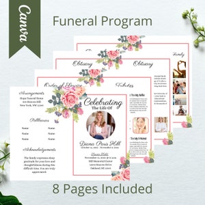 8 Page Pink Flower Funeral Program. Canva Tempate Print Size - Etsy
