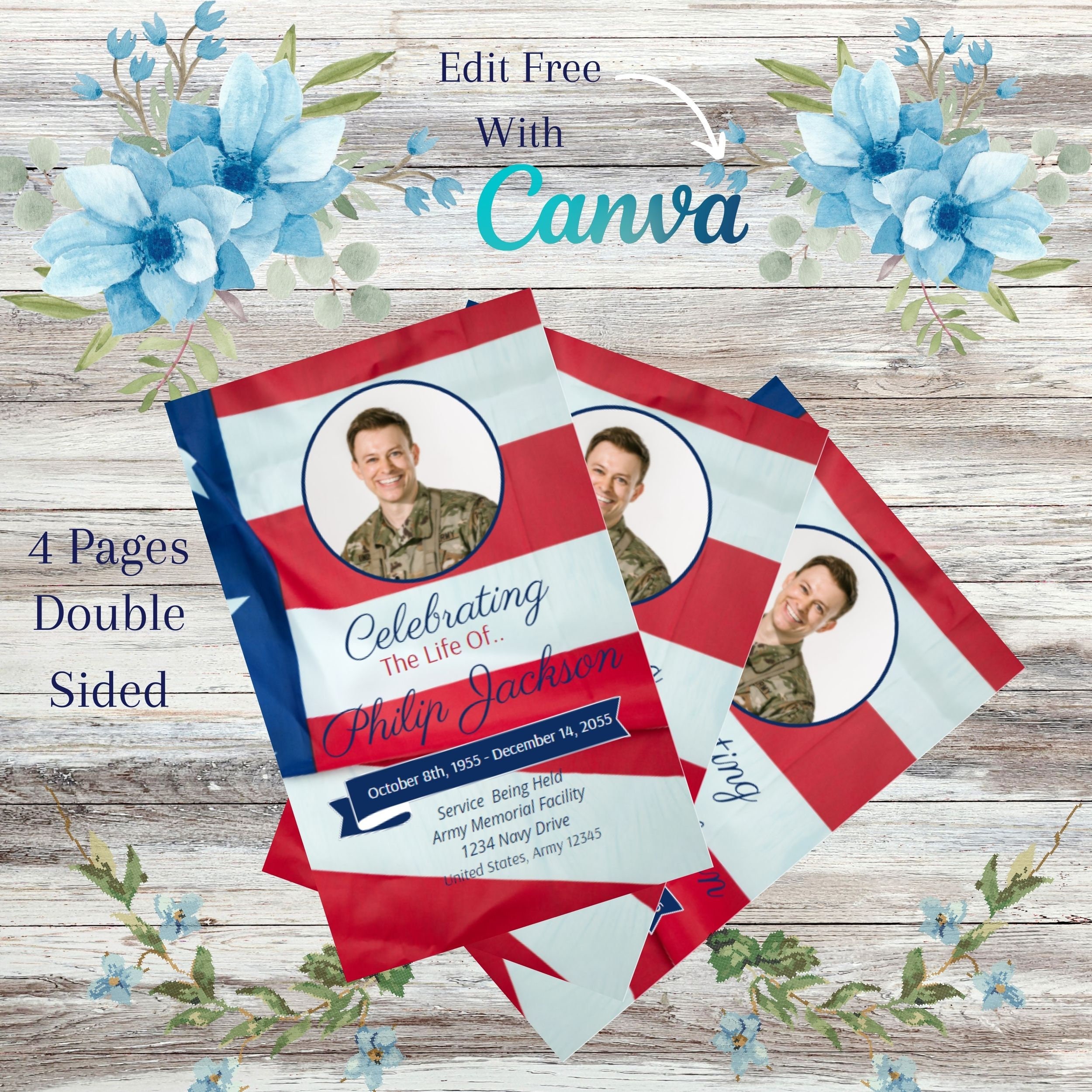 American Flag Military Funeral Program Template (canva Editable) - Etsy