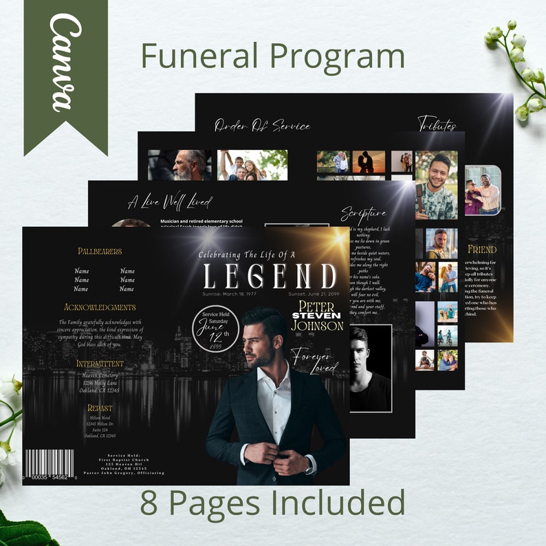8 Page Legend Magazine Style Funeral/memorial Program. Canva Template ...