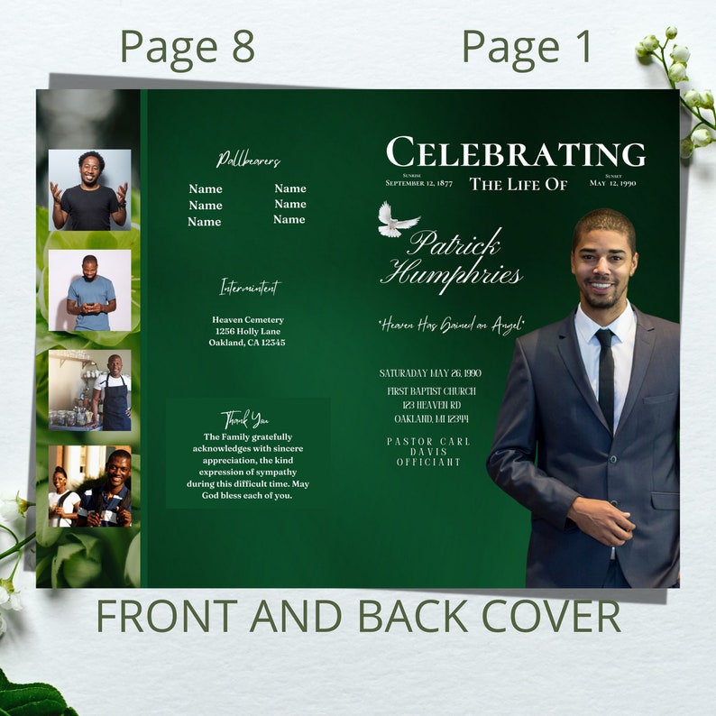 Regal Green Funeral Program Tabloid Template Obituary - Etsy