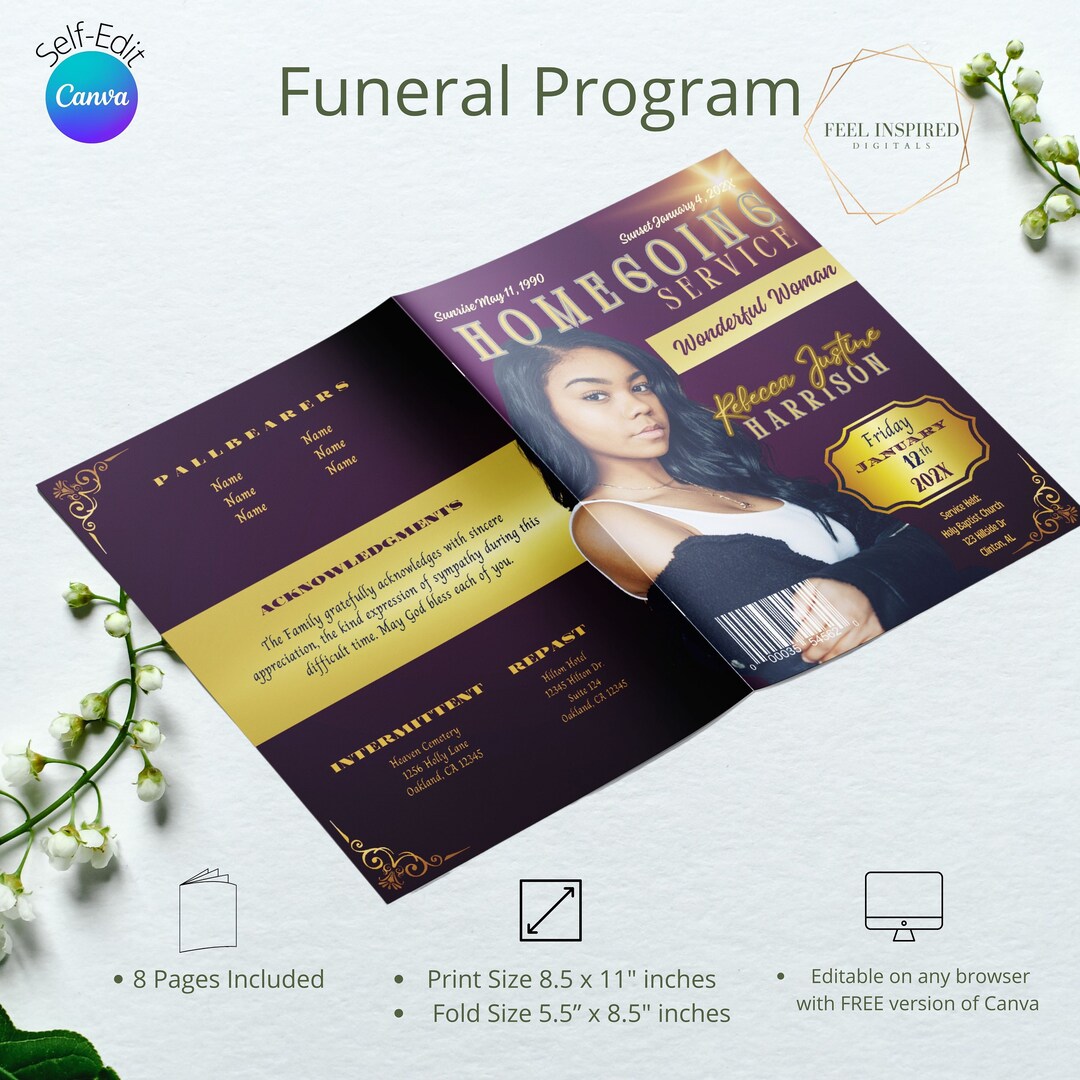 Purple & Gold Homegoing Celebration Funeral Program, Tabloid Template ...