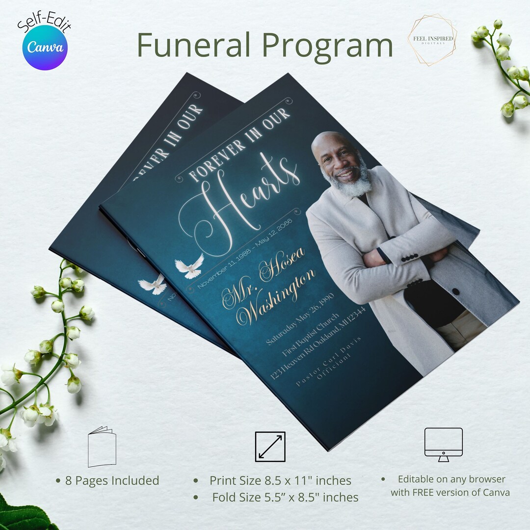 Blue Green Funeral Program Template: 8-page Obituary (8.5x11 Inches ...