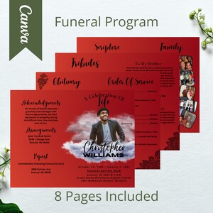 8 Page Red Funeral Program Size 8.5x11 Inches. Memorial Celebration of ...