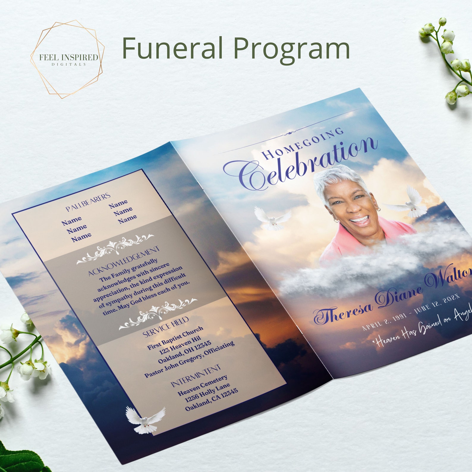 Sky Clouds Funeral Program Template: Obituary, Memorial (digital ...