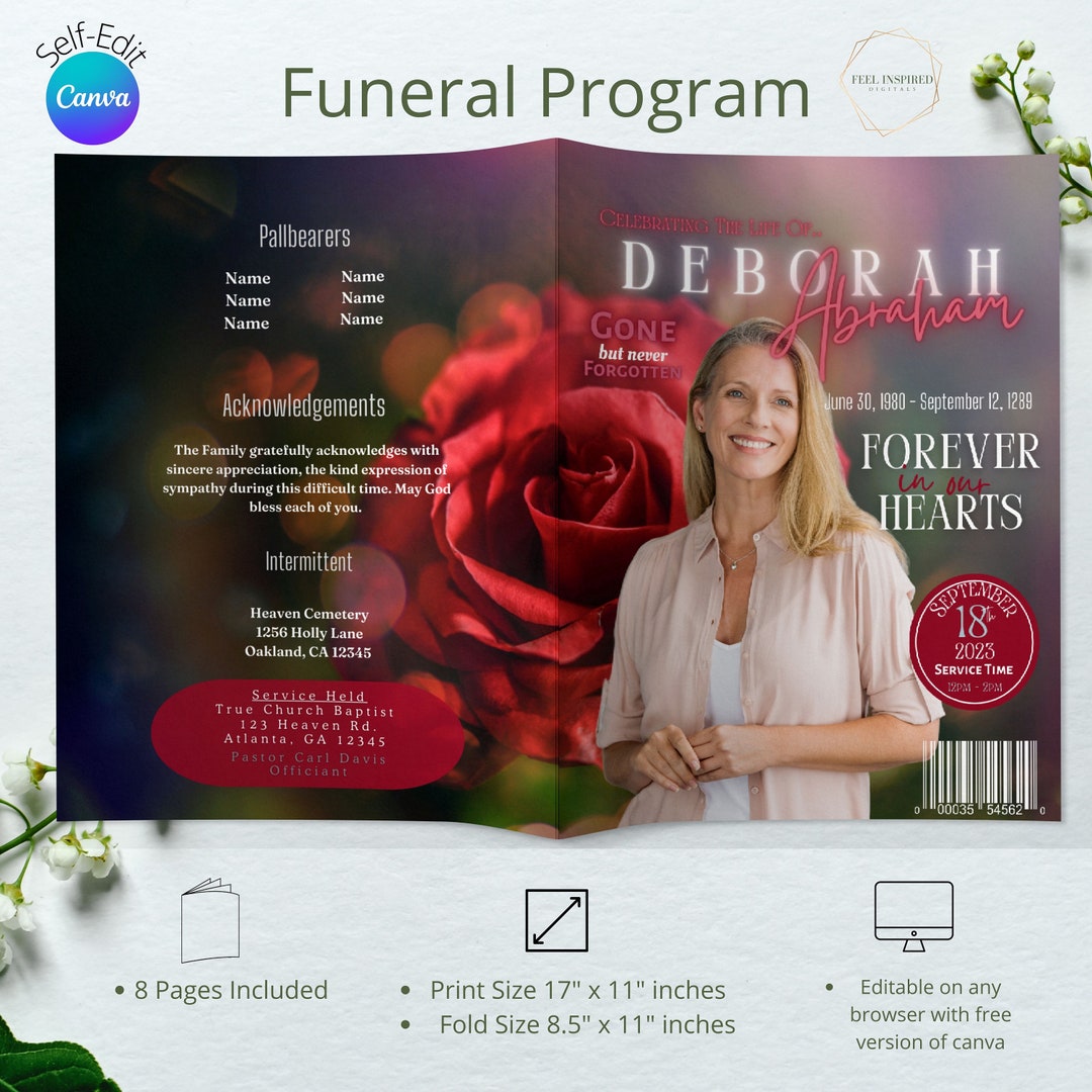 Rose Funeral Program, Tabloid Template (8 Pages), Obituary, Magazine ...