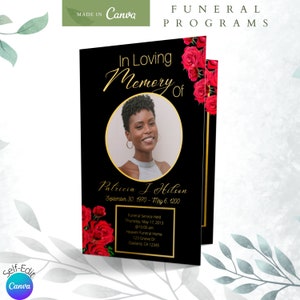 Red Roses Funeral Program Template: Black & Gold, 8-page (canva ...