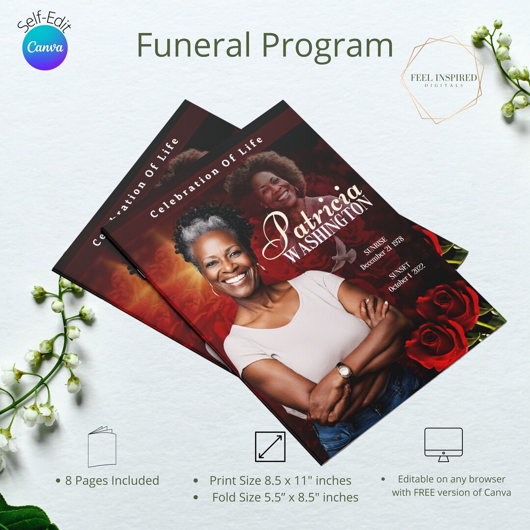 Beautiful Red Roses Funeral Program Canva Template in Loving Memory ...