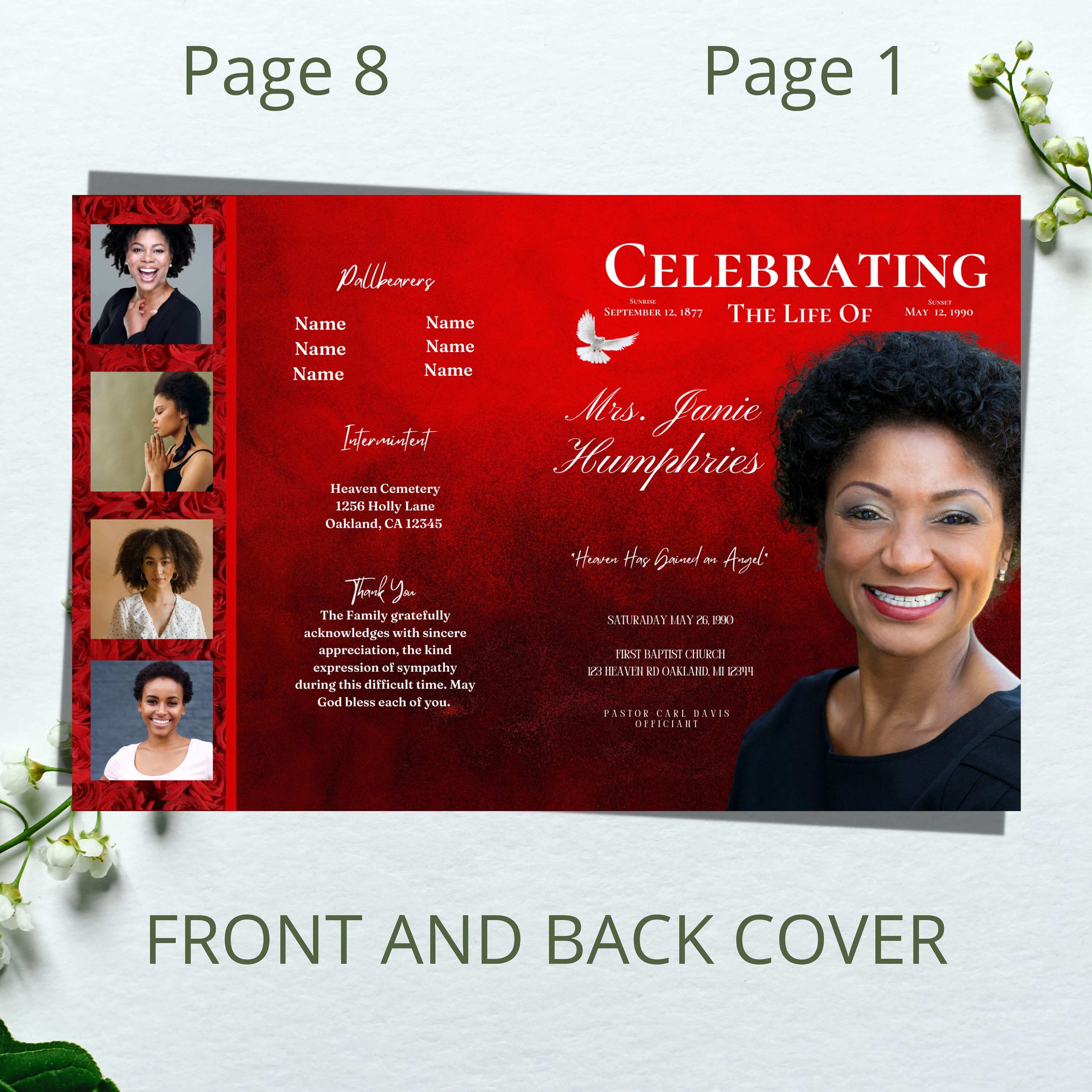 Red Roses Funeral Program Template: Celebration of Life (8 Pages, Canva ...