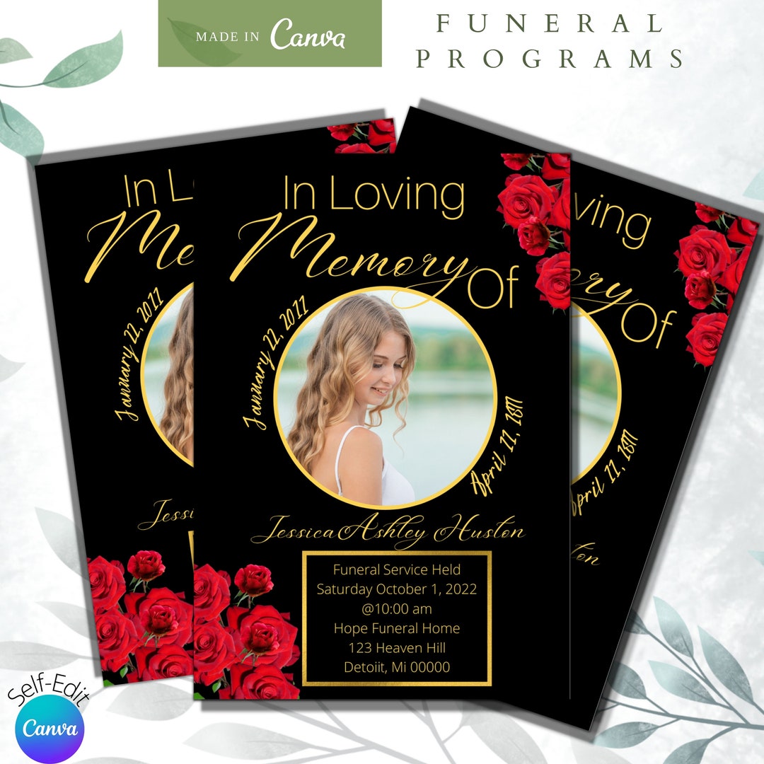 Black Funeral Program With Red Roses. Elegant Obituary With Gold ...