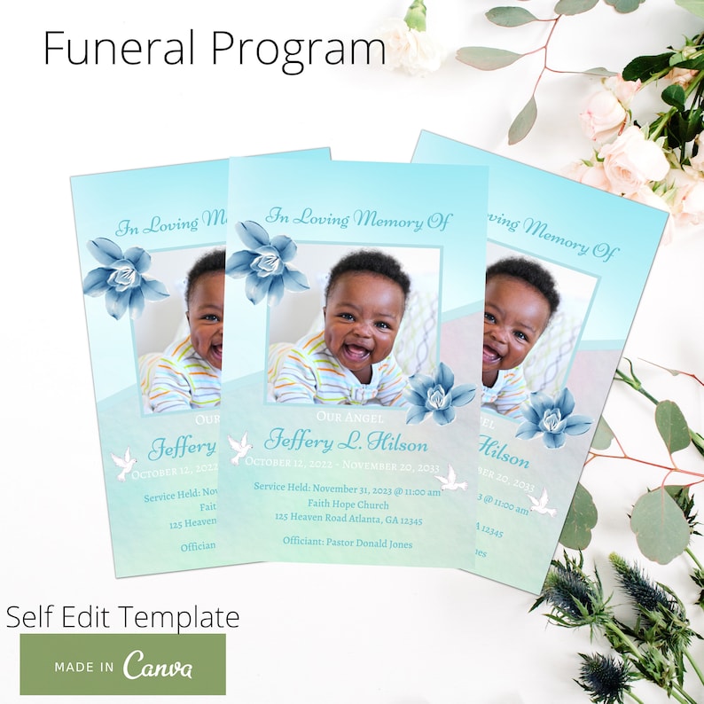 Blue Baby Funeral Program. Child Stillborn Memorial Canva Template. - Etsy