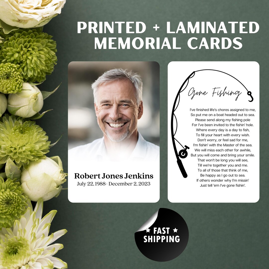Laminated Memorial Prayer Cards: Gone Fishing Design, Funeral Keepsake ...