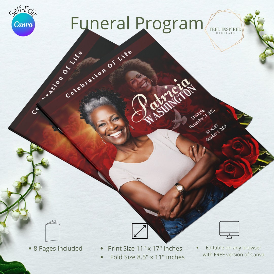 Beautiful Red Roses Funeral Program Canva Template in Loving Memory ...