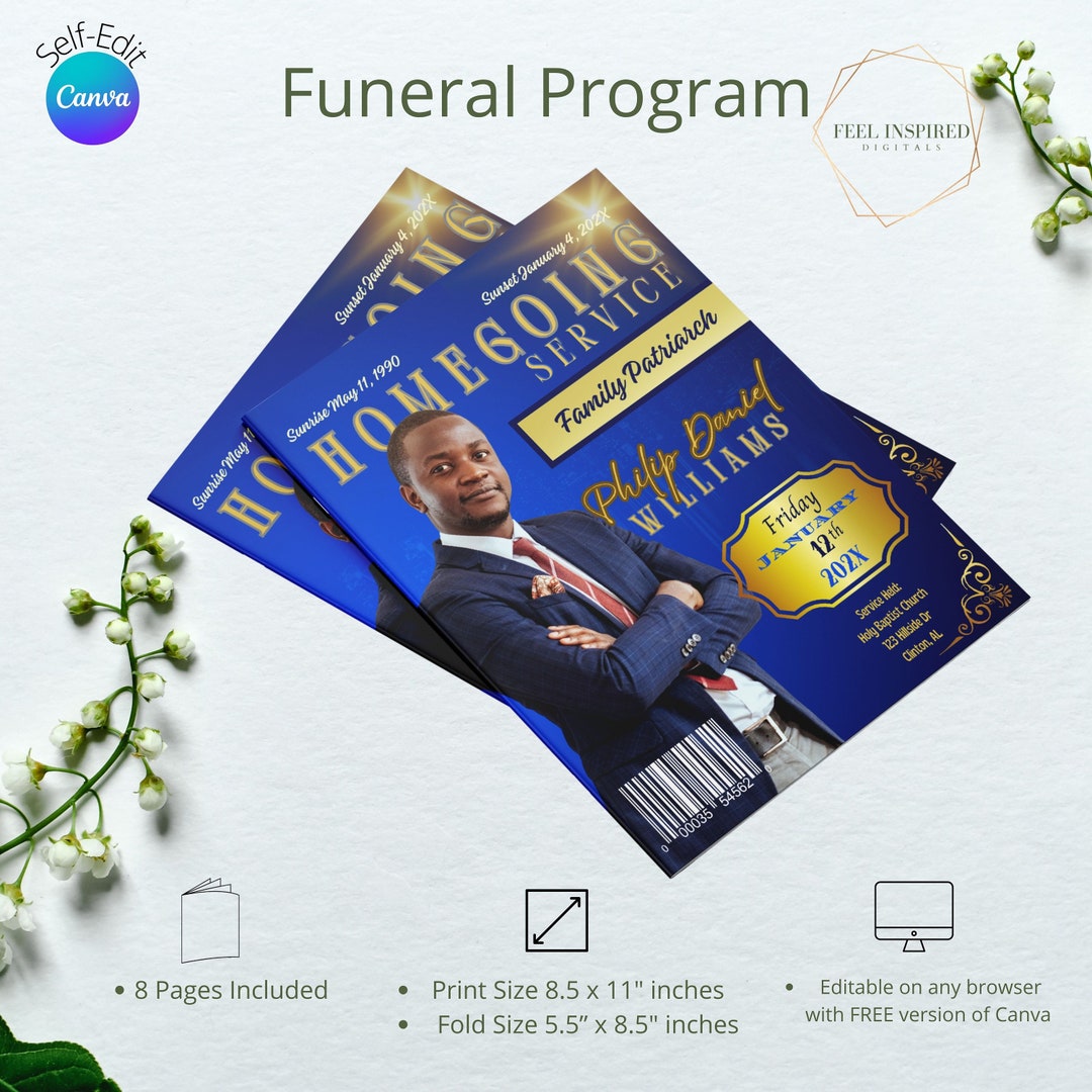 Blue and Gold Homegoing Celebration Funeral Program, Tabloid Template ...