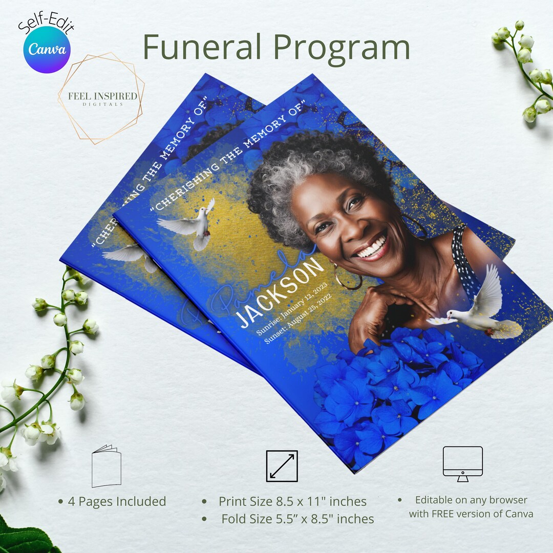 Blue & Gold Funeral Program Template: 4-page Memorial Booklet (digital ...