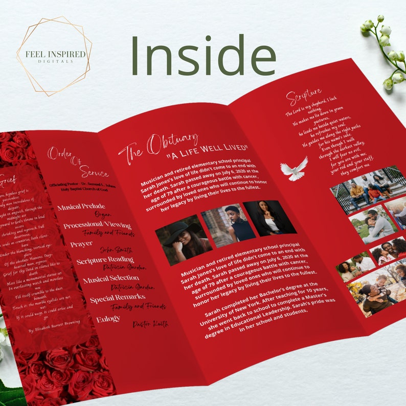 Tri-fold Red Roses Funeral Program. Obituary Size 17x11 Inches ...