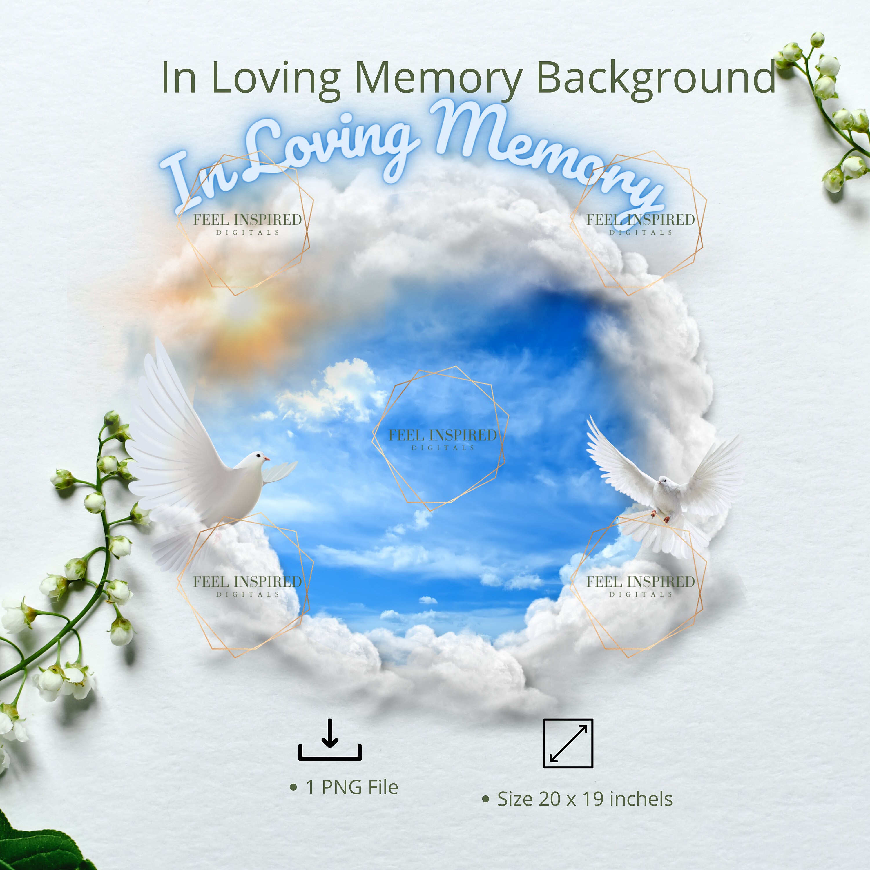 Custom in Loving Memory PNG Blue Sky With Clouds and Flowers. Memorial ...