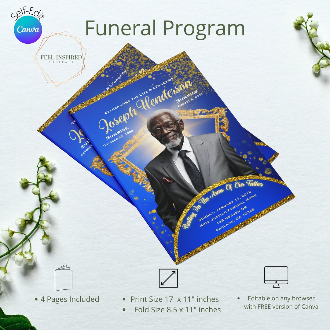 Funeral Program in Blue and Gold. Magazine Style Obituary. 4 Pages - Etsy