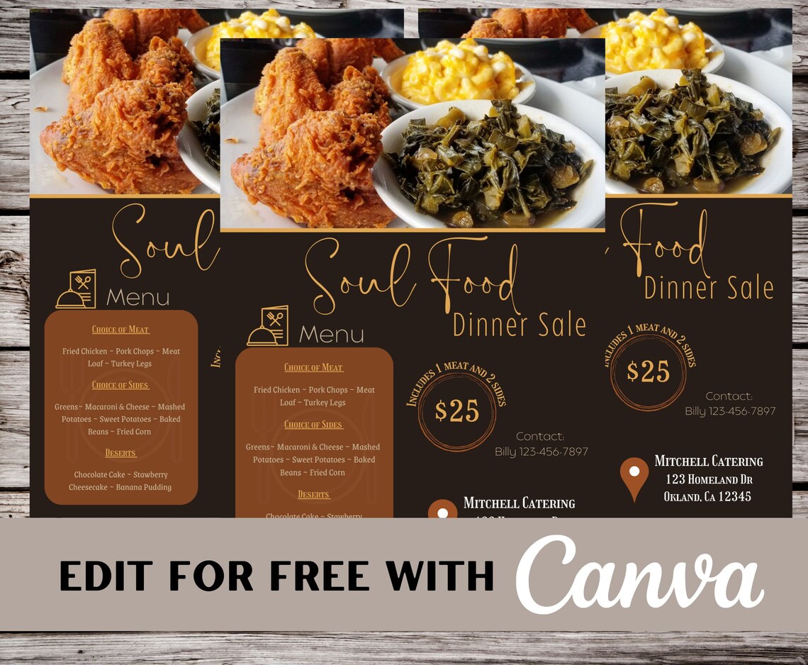 Soul Food Dinner Flyer. Canva Template for Business Advertisement. - Etsy