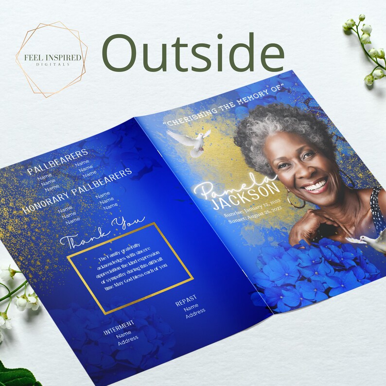 Blue & Gold Funeral Program Template: Celebration of Life (digital ...