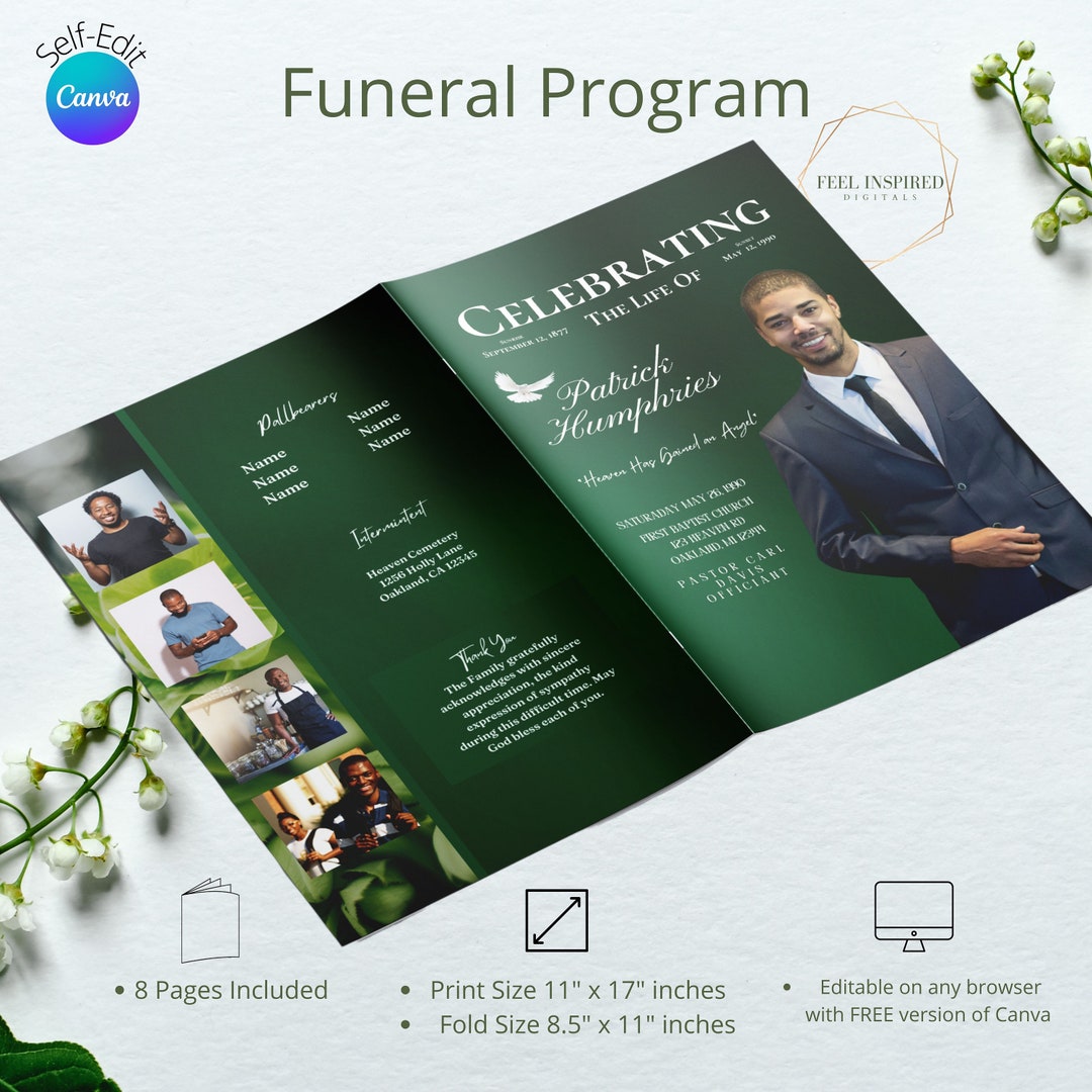 Regal Green Funeral Program, Tabloid Template, Obituary, Magazine Style ...