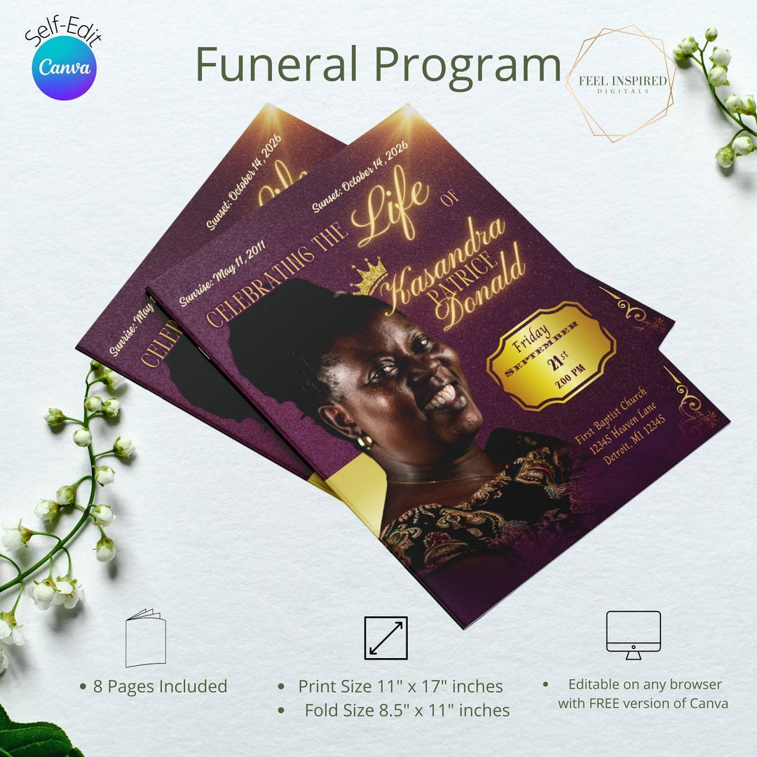 Funeral Program in Purple and Gold. Royalty Canva Memorial Template ...