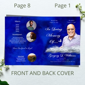 Royal Blue Clouds Funeral Program Template: Obituary Magazine (17x11 ...