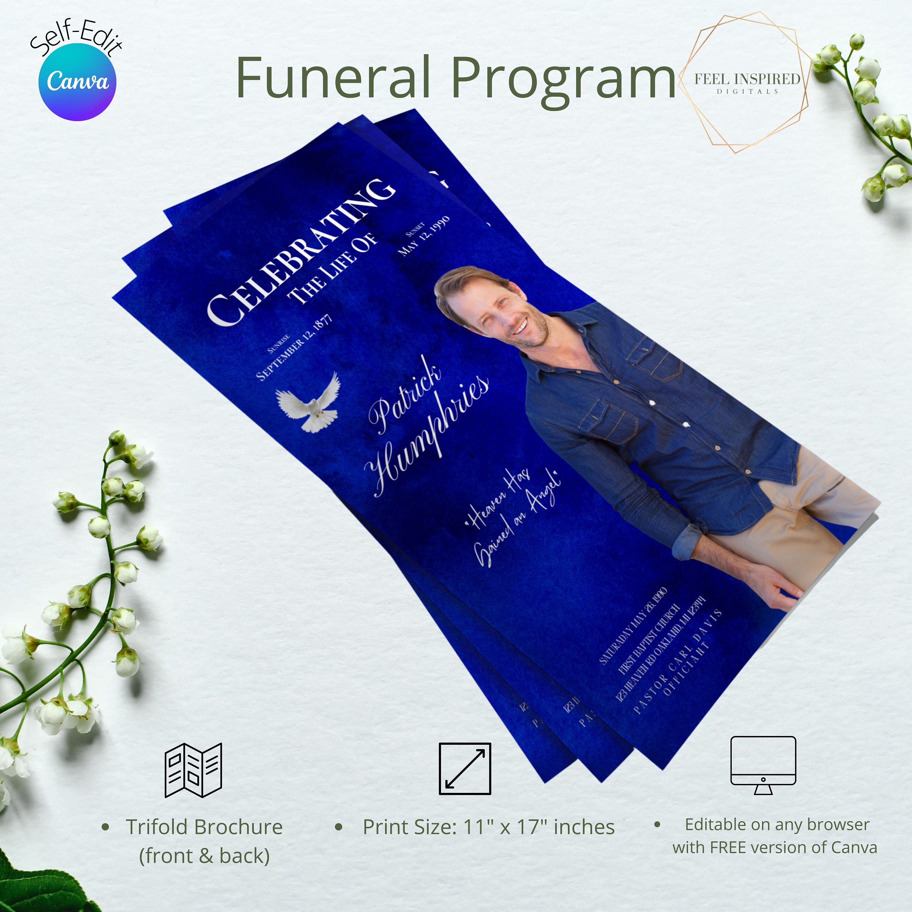 Blue Roses Funeral Program: Tri-fold Obituary Template (11x17 Inches ...