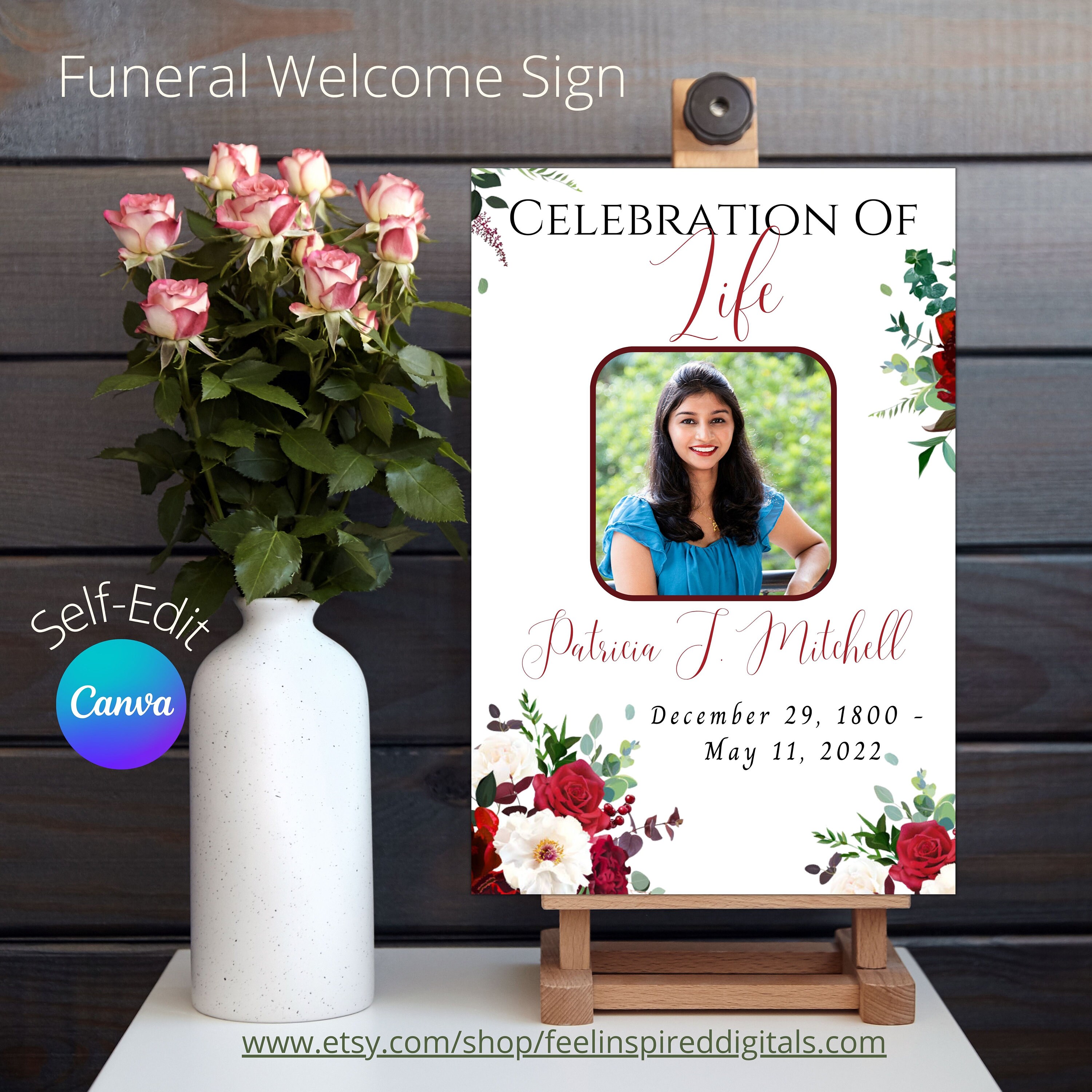 Celebration of Life Sign. Red Roses Funeral Welcome Poster - Etsy