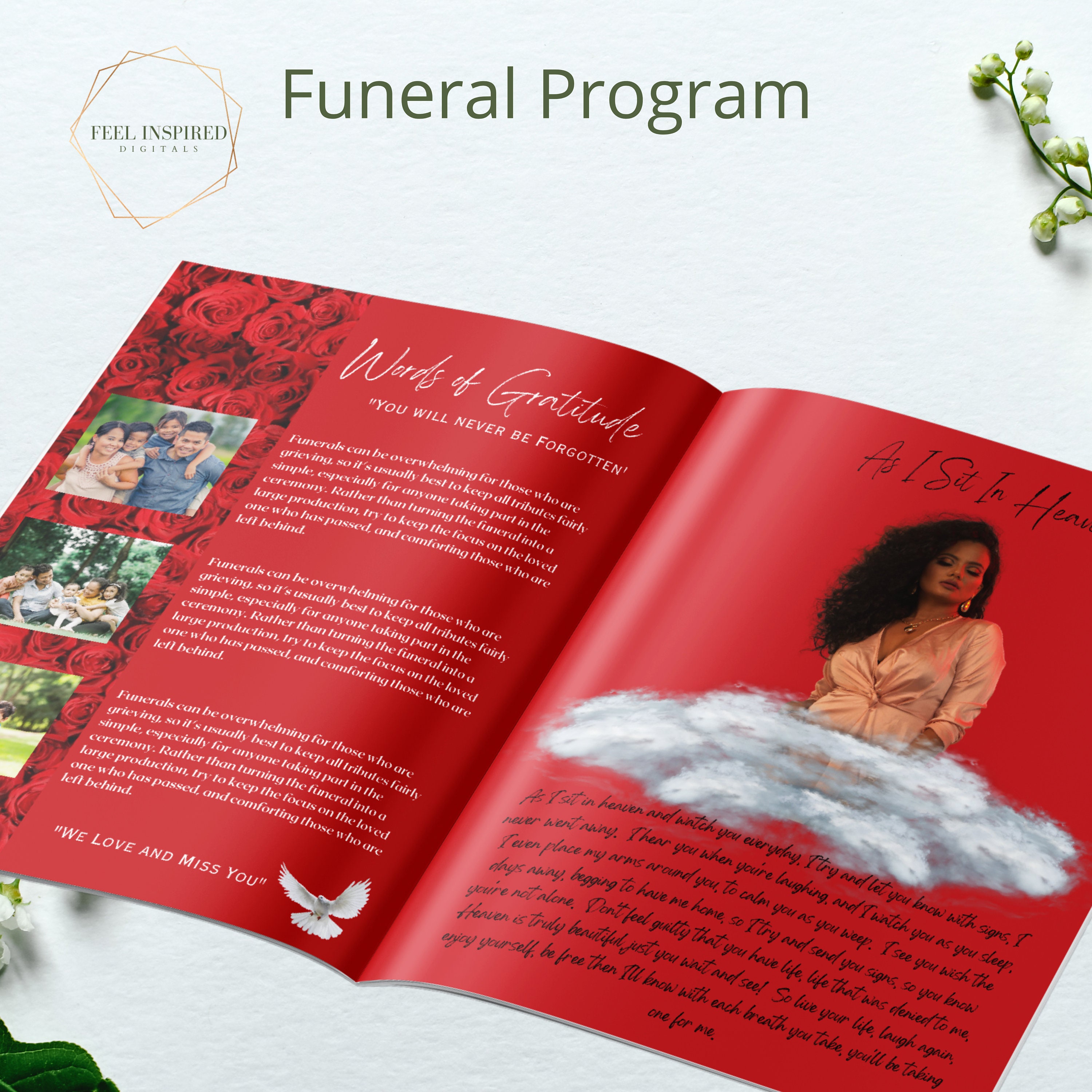 Red Roses Funeral Program Template: 8-page Celebration of Life (digital ...