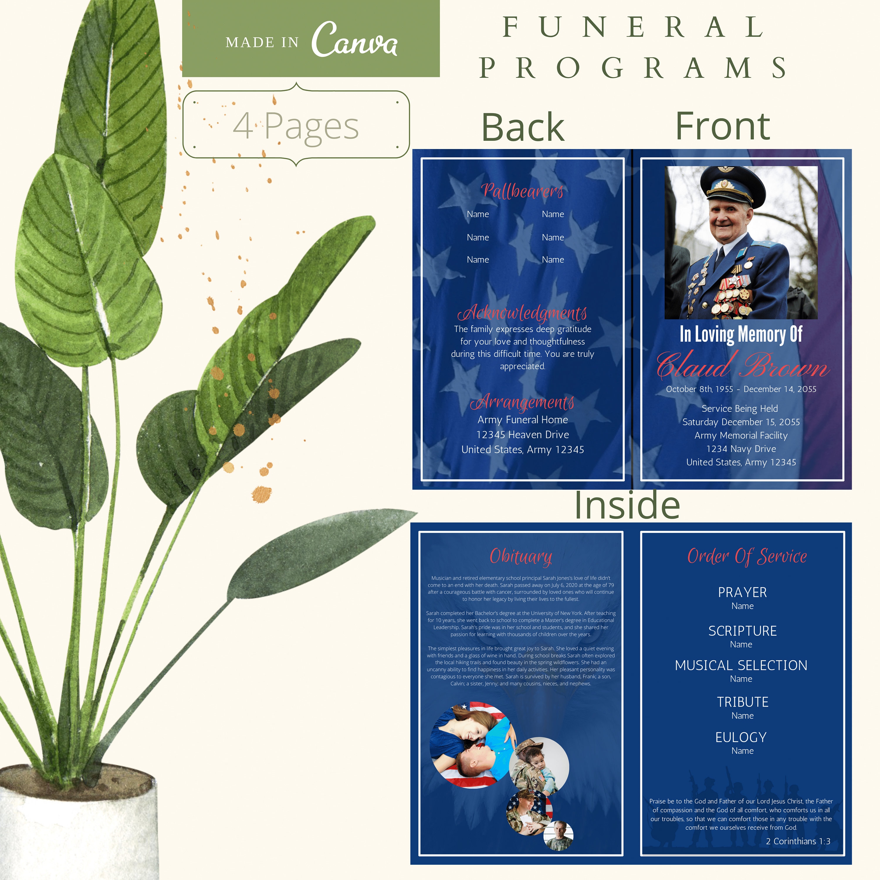 Veteran Funeral Program Military Obituary Template - Etsy