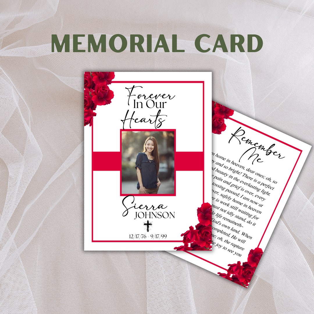Personalized Memorial Cards | Red Roses | Funeral Prayer Keepsake ...