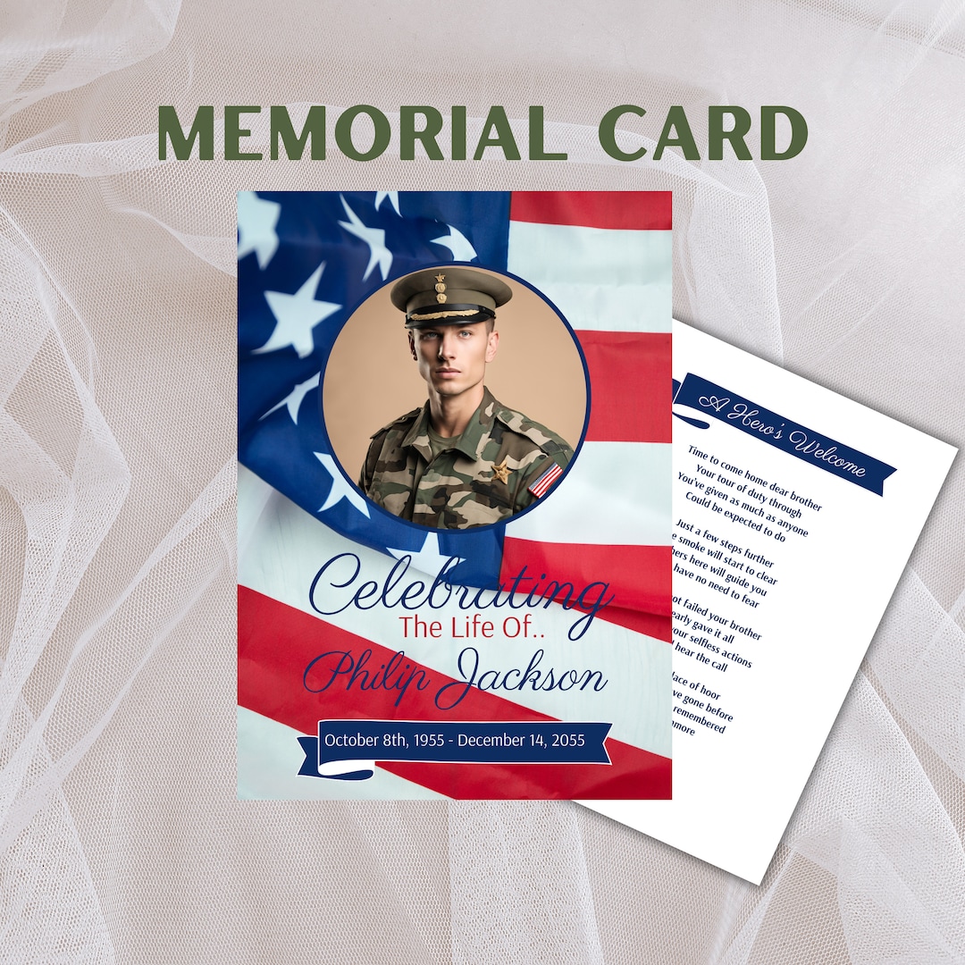 Personalized Veteran/army Memorial Card | Printed Custom Funeral Prayer ...