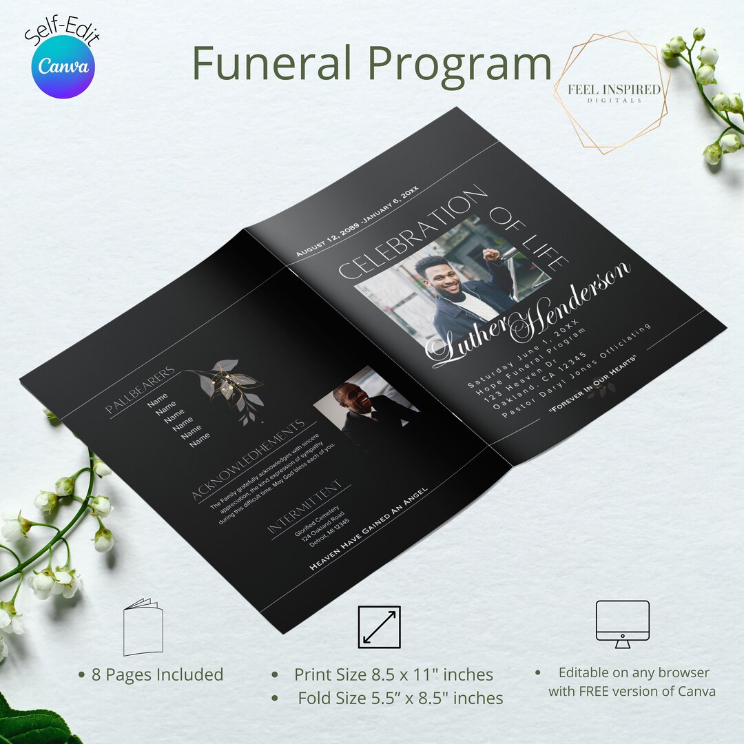 Black Modern Funeral Program, Tabloid 8 Page Template, Obituary ...