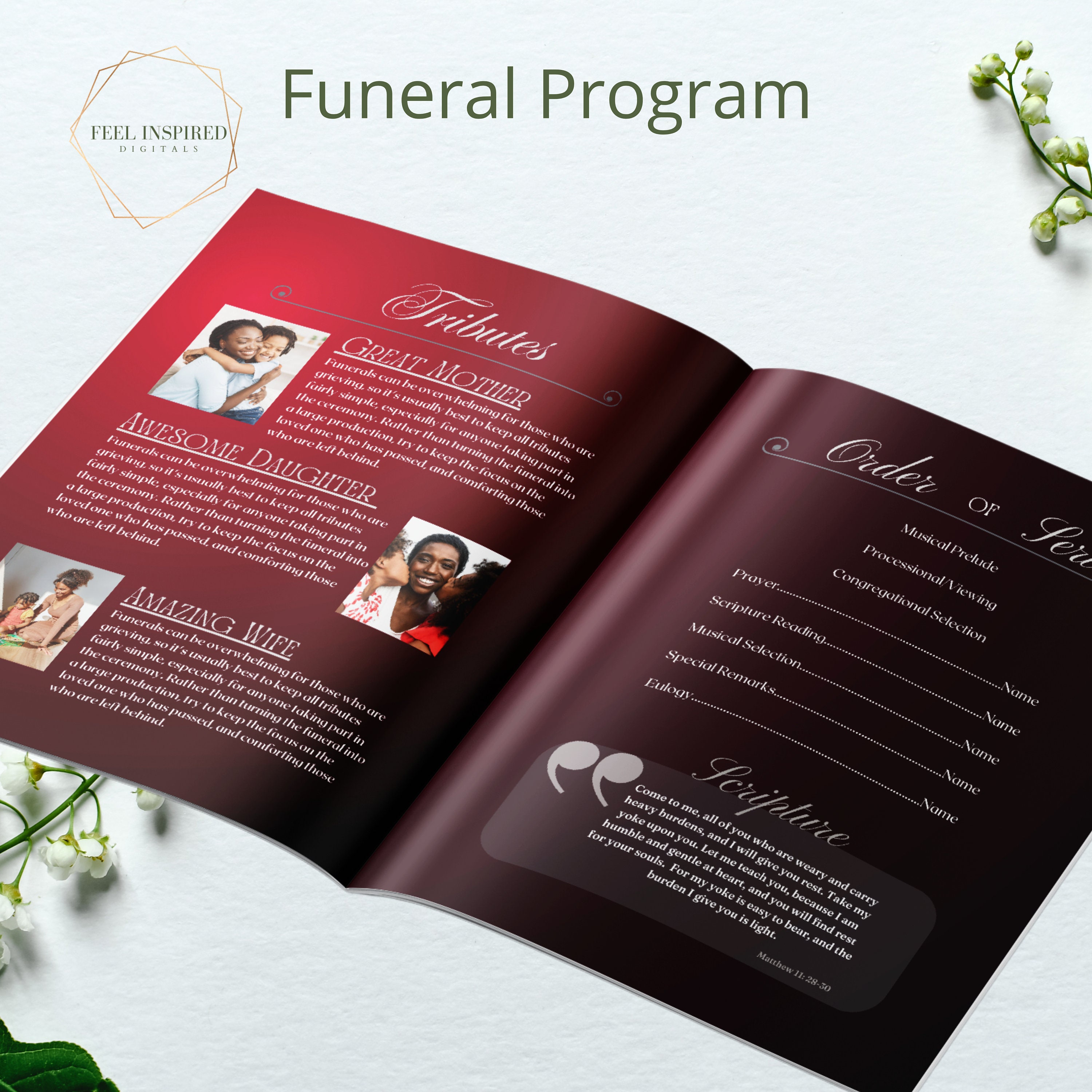 Dark Red Forever in Our Hearts Funeral Program. Memorial Canva Template ...