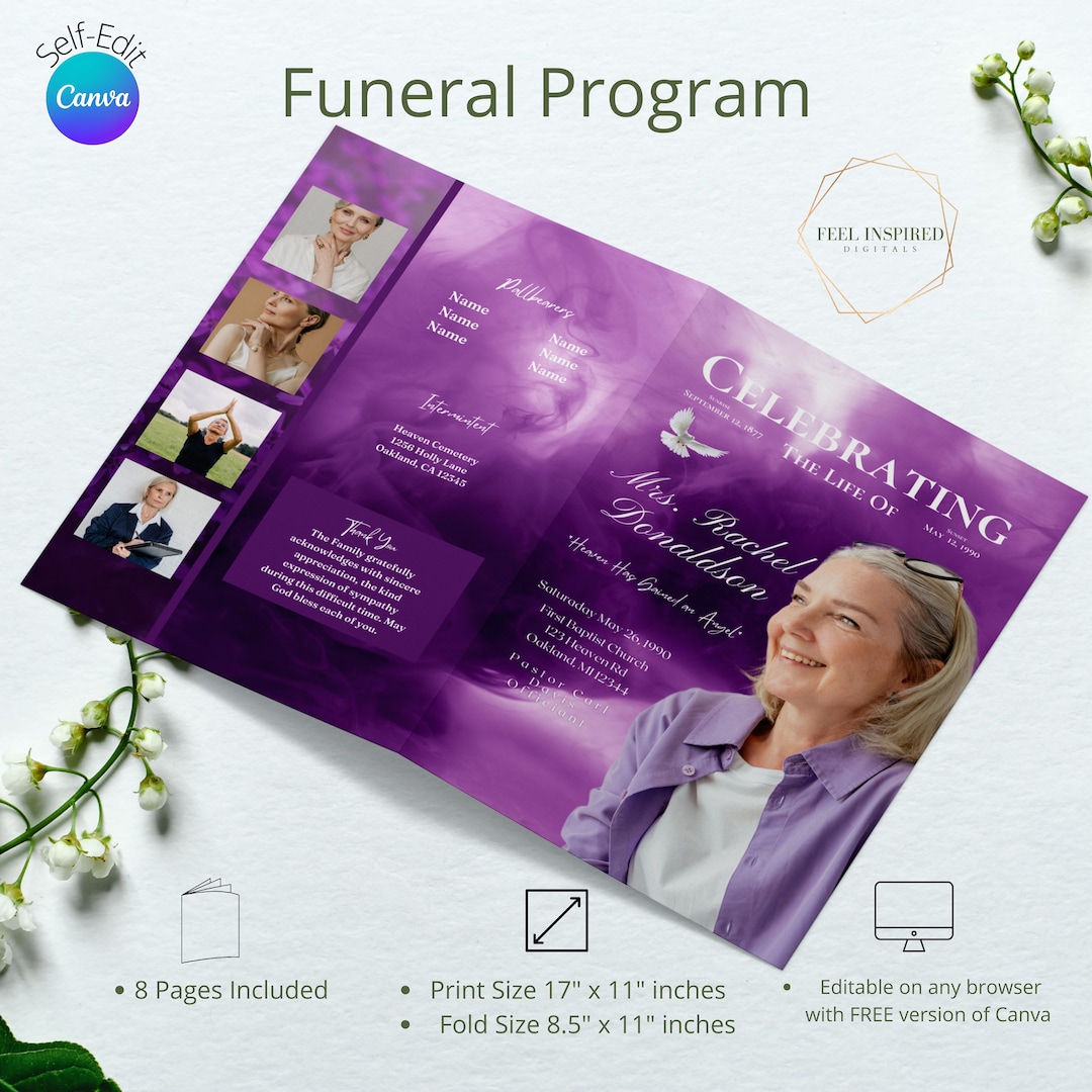 8 Page Purple Funeral Program. Canva Template Size 17x11. Celebration ...