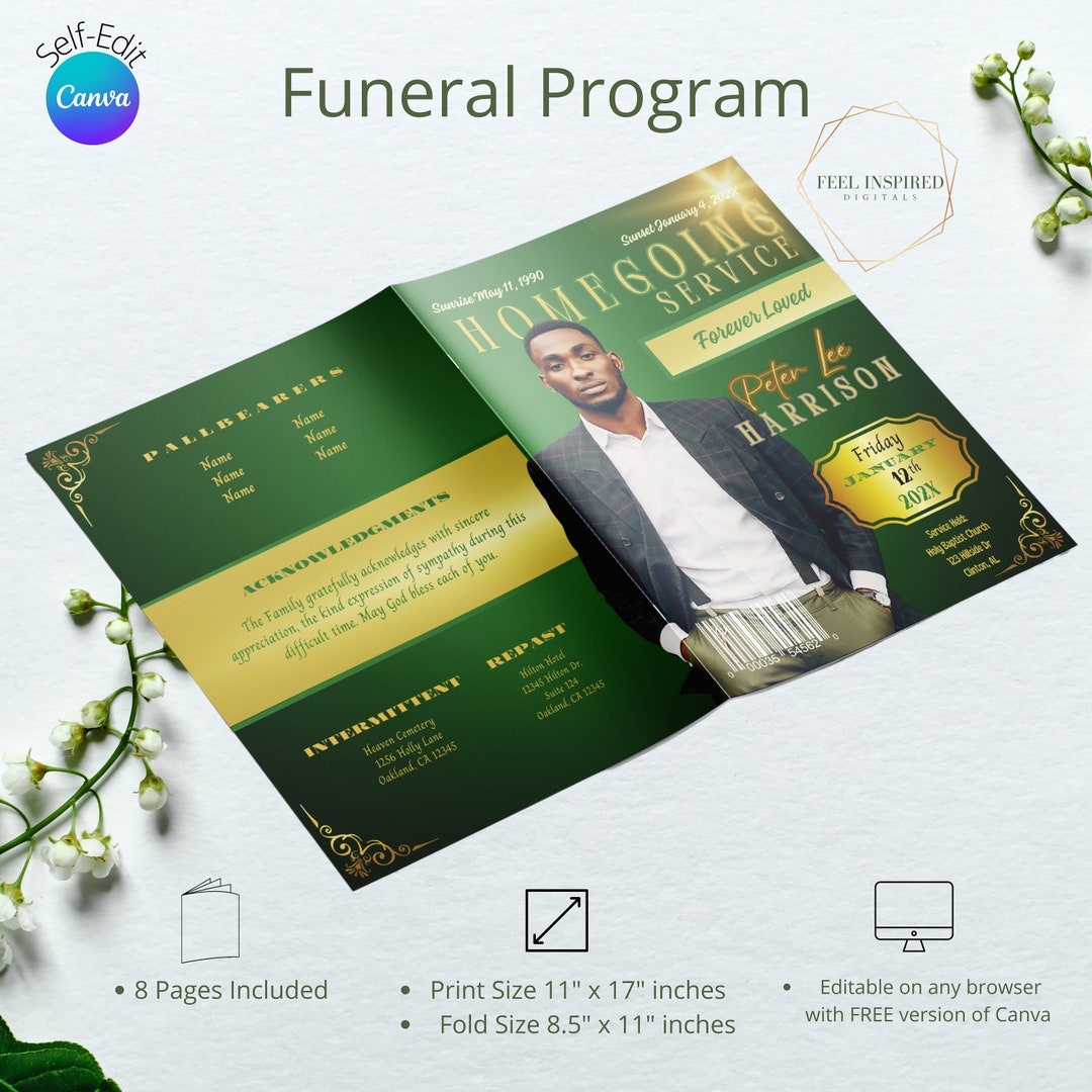 Green and Gold Homegoing Celebration Funeral Program, Tabloid Template ...