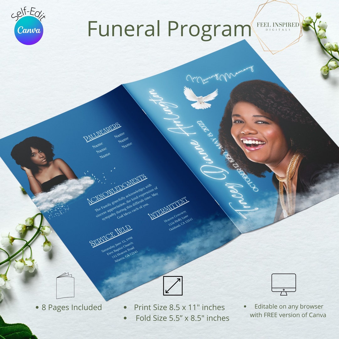 Elegant Blue Funeral Program Template: Obituary, Clouds (8.5x11 Inches ...