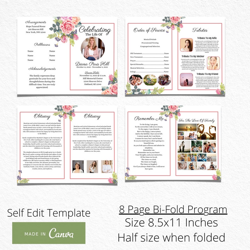 8 Page Pink Flower Funeral Program. Canva Tempate Print Size - Etsy