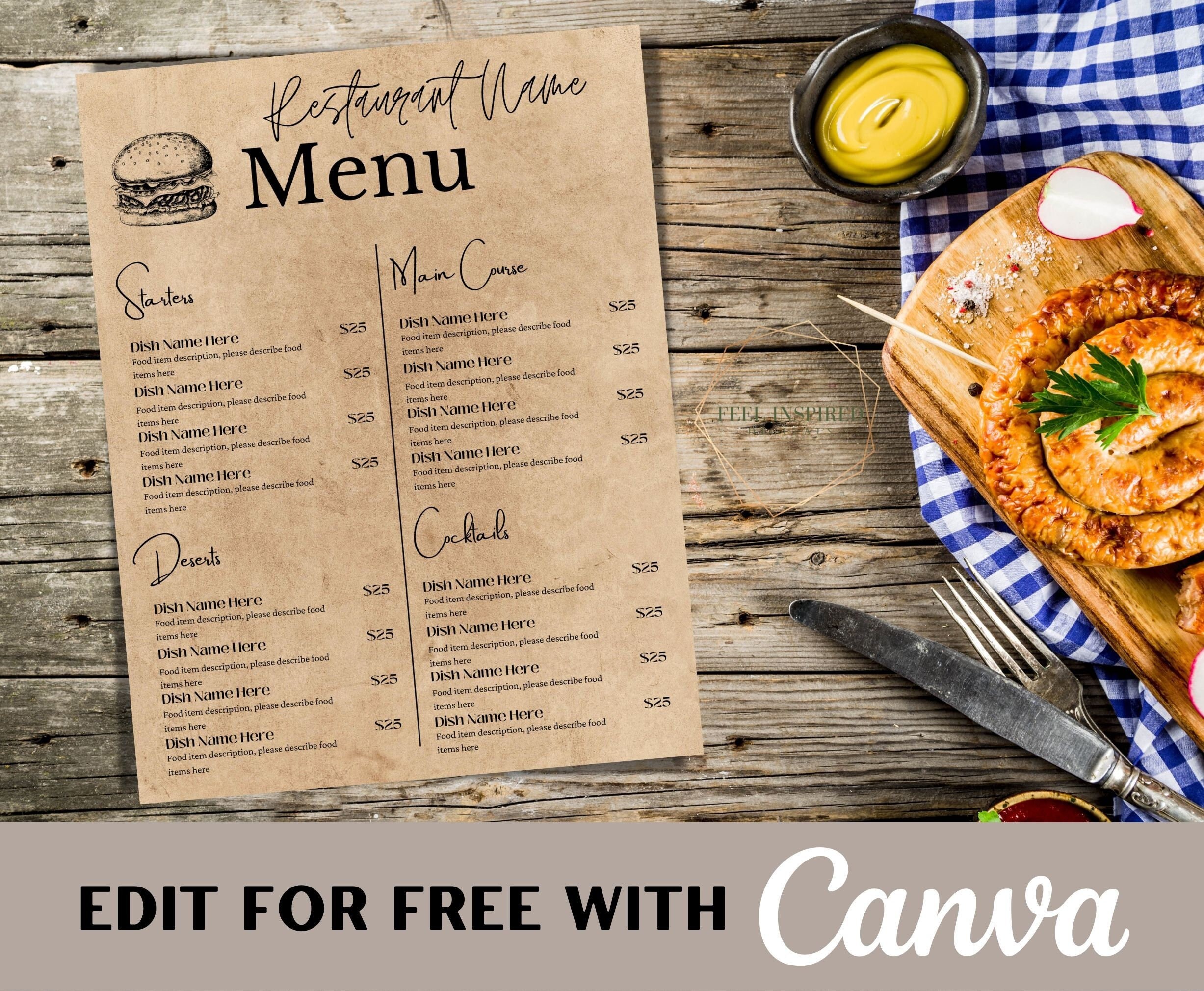 Restaurant Menü Canva Vorlage Lebensmittel Preisliste DIY - Etsy.de