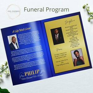 Blue and Gold Homegoing Celebration Funeral Program, Tabloid Template ...