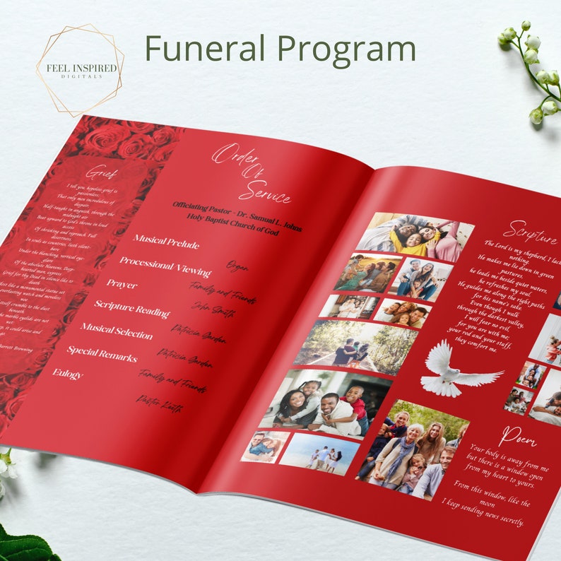 Red Roses Funeral Program Template: 8-page Celebration of Life (digital ...