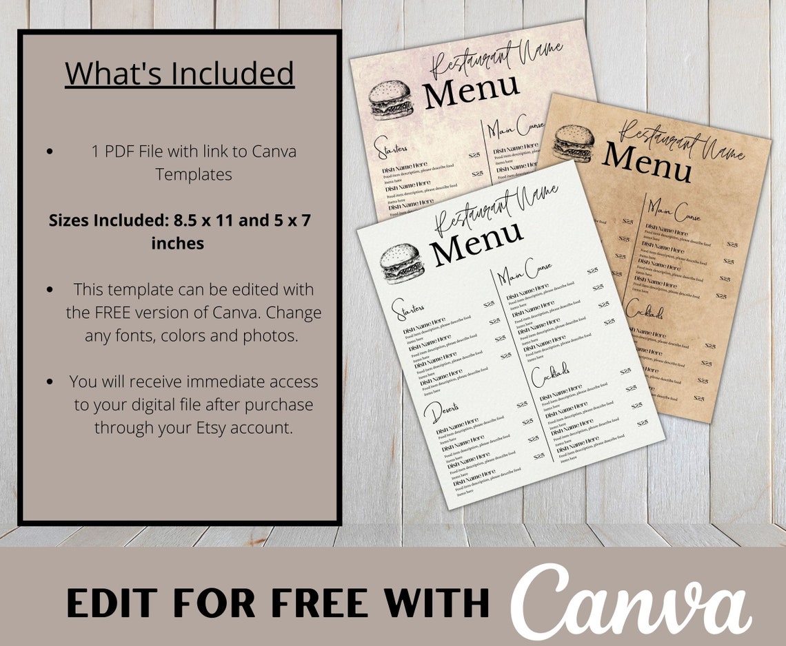 Restaurant Menu Canva Template Food Price List DIY Small - Etsy