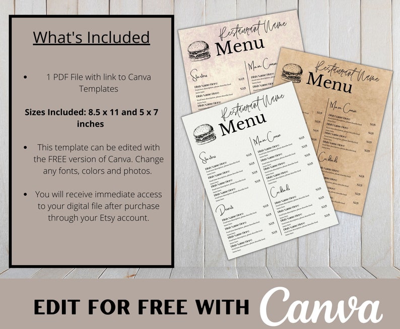 Restaurant Menu Canva Template Food Price List DIY Small - Etsy