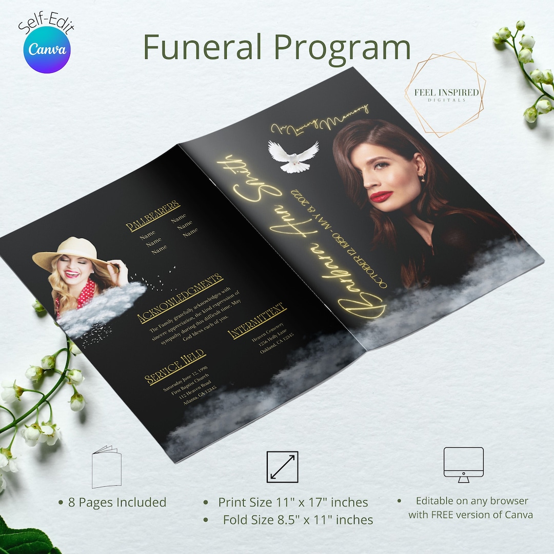Elegant Black Funeral Program Template: Clouds Design (11x17 Inches, 8 ...