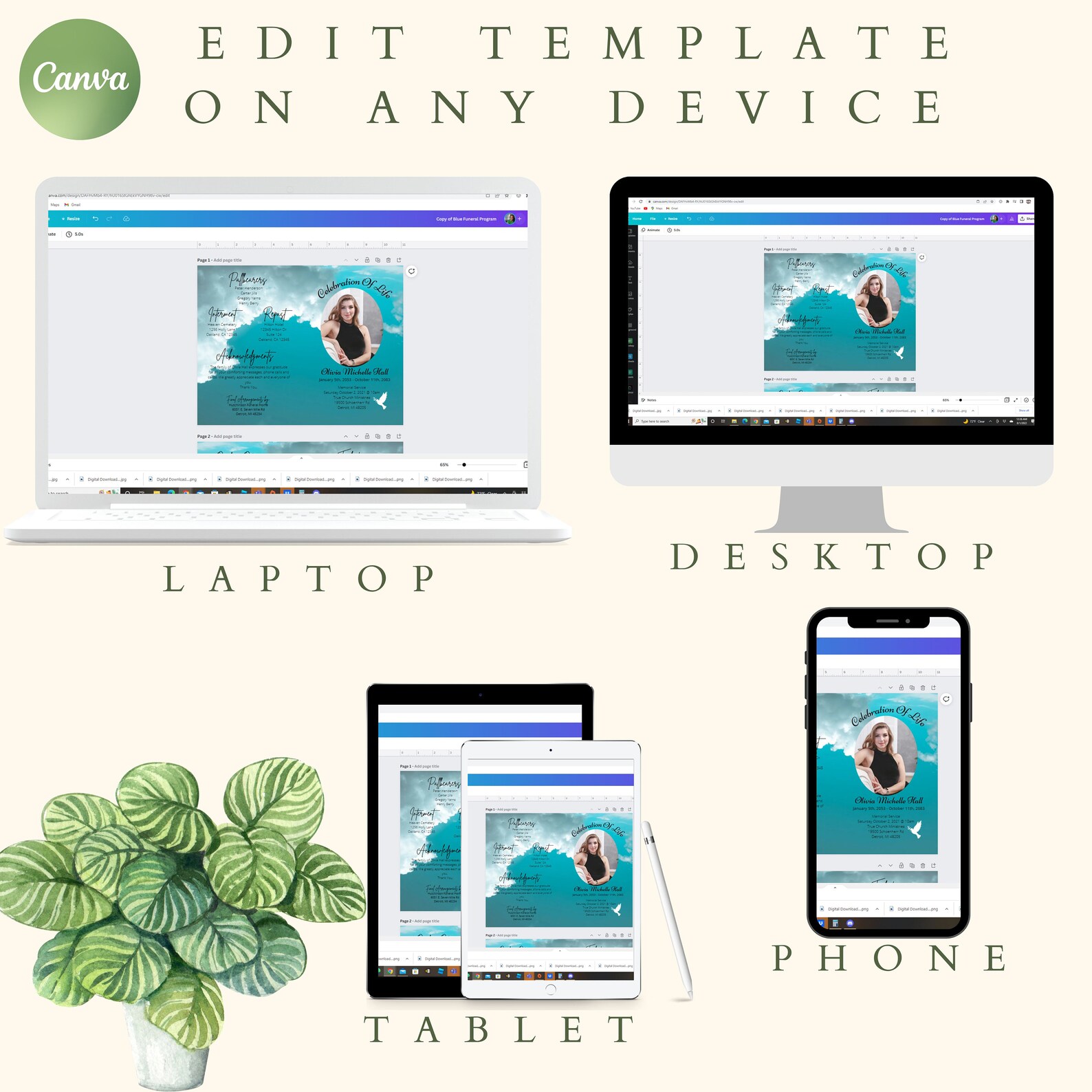 Blue Funeral Program Template. Memorial Service Program With - Etsy