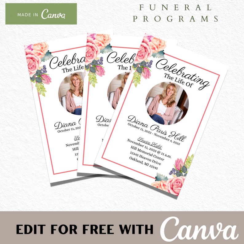 8 Page Pink Flower Funeral Program. Canva Tempate Print Size - Etsy