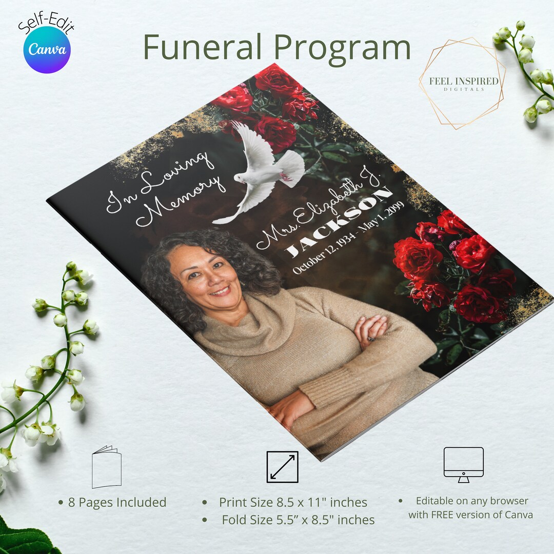 Funeral Program With Red Flowers and Doves Standard Size - Etsy