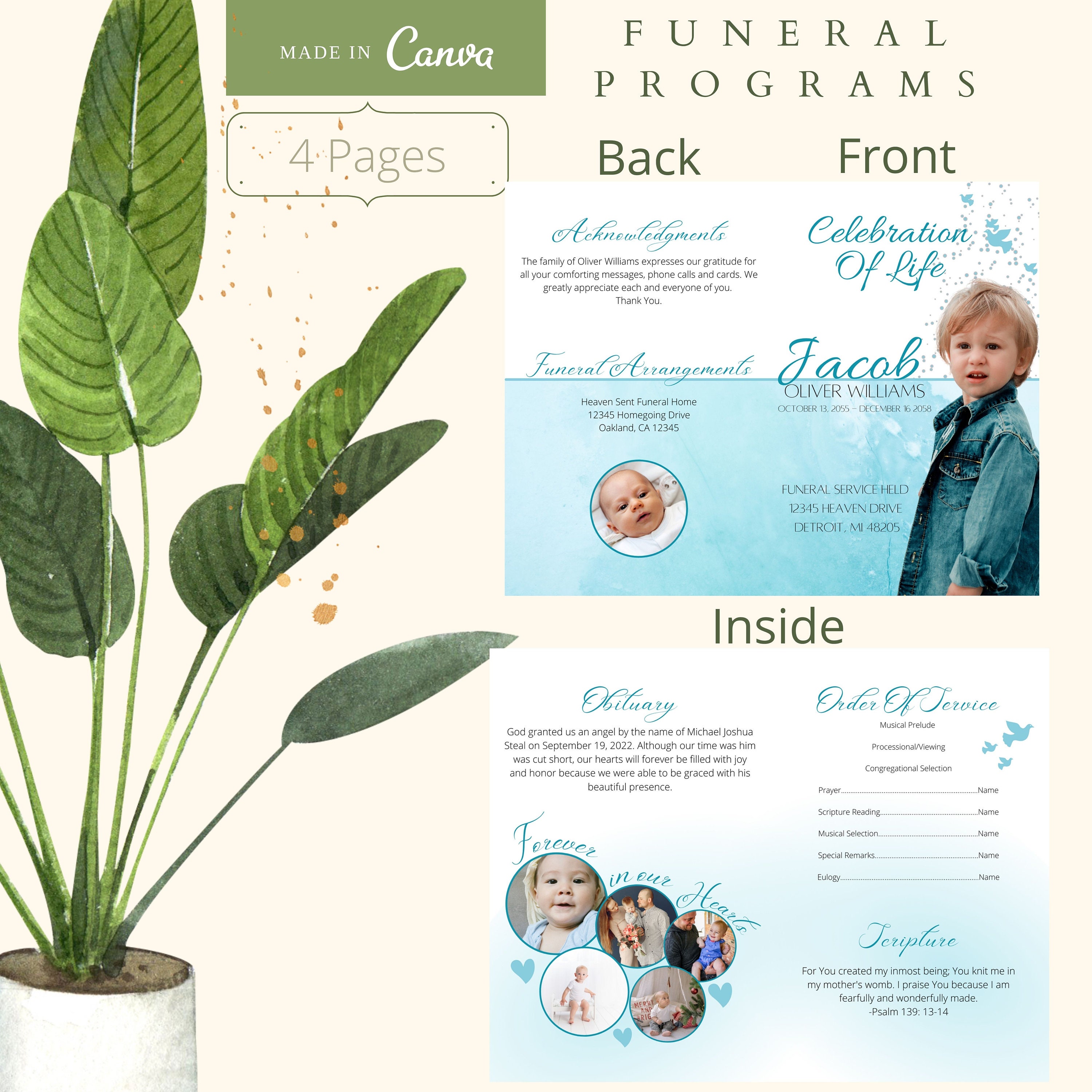 Baby Blue Funeral Program Template. Editable Obituary. Kids and Baby - Etsy