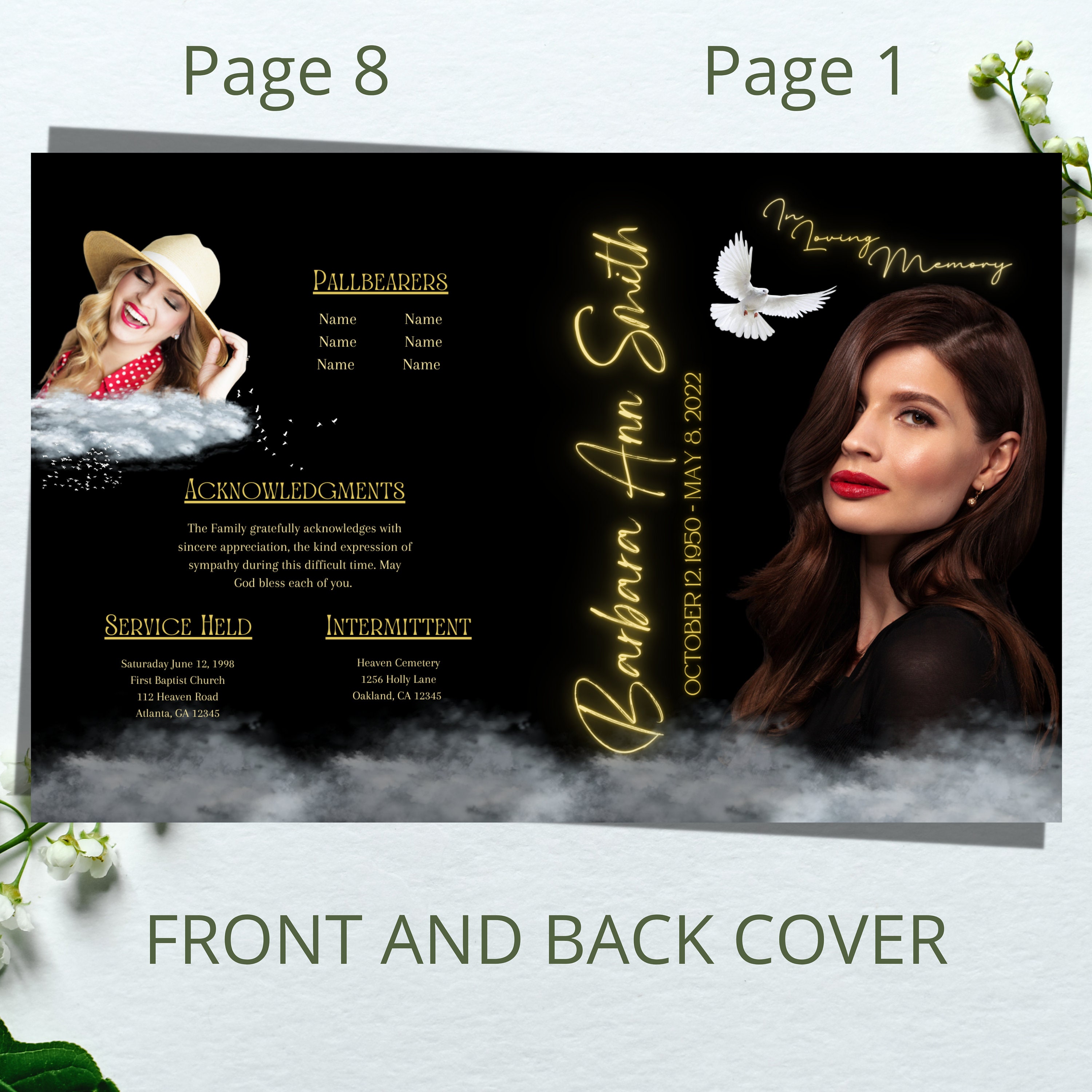 Elegant Black Funeral Program Template: Clouds Design (11x17 Inches, 8 ...